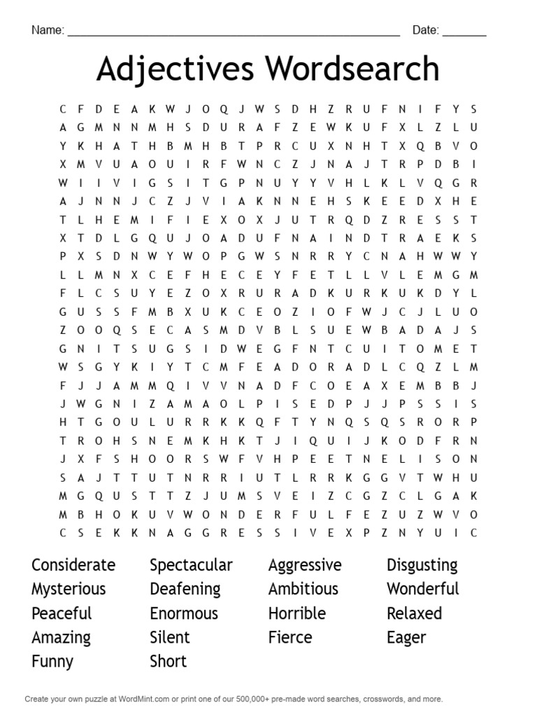 Adjectives wordsearch | PDF | Word Puzzles | Puzzles