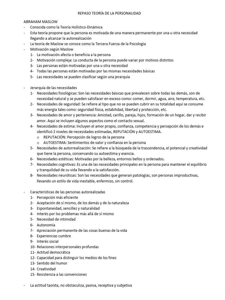 Repaso Teoría de La Personalidad | PDF | Autoestima | Sicología