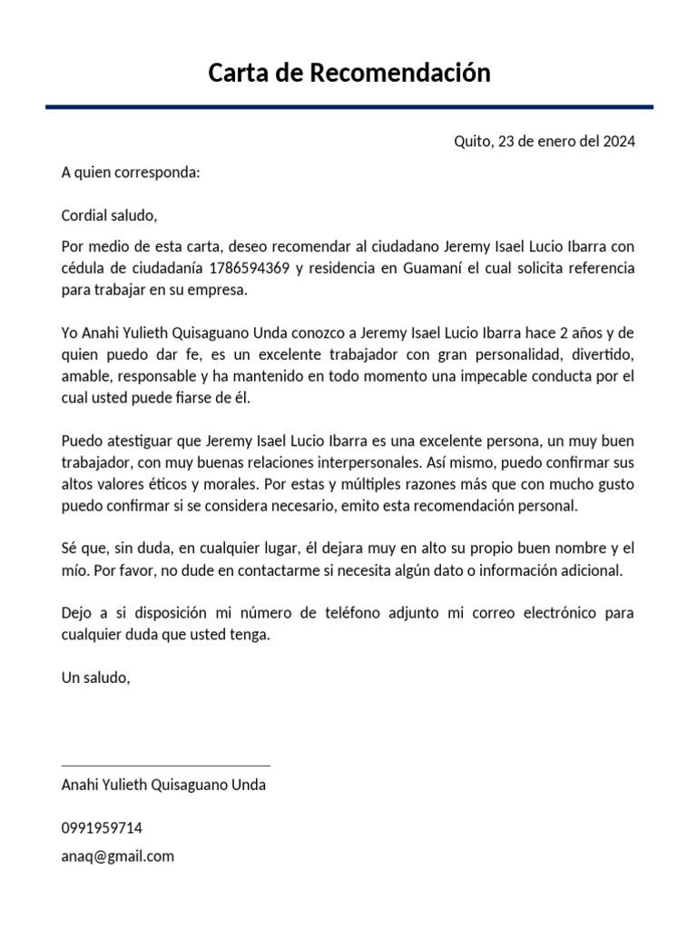Carta de Recomendación para Jeremy Ibarra | PDF | Estilo de vida