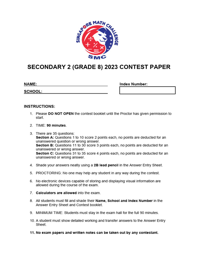 2023 Singapore Math Challenge Grade 8 Sec 2 | PDF | Triangle | Area