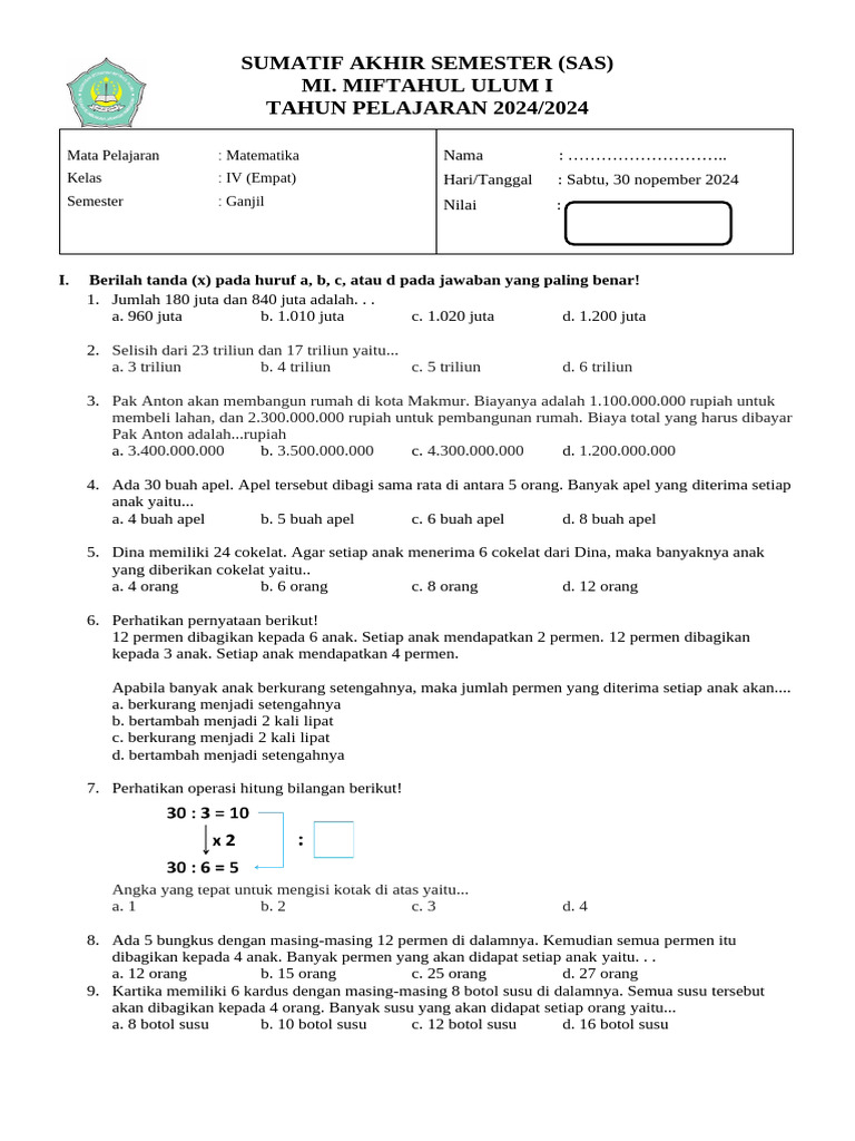 Soal SAS 1 MTK Kelas 4 | PDF