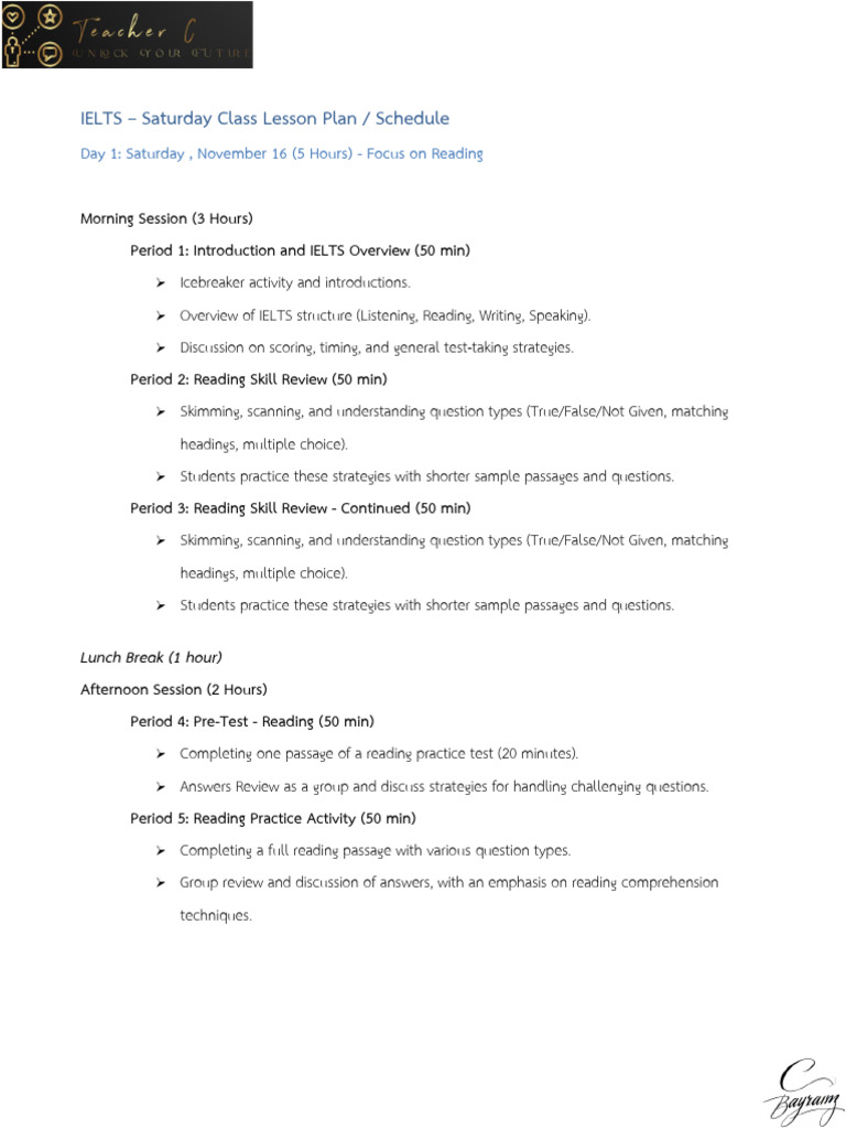 IELTS Saturday Class Schedule & Plan | PDF | International English ...