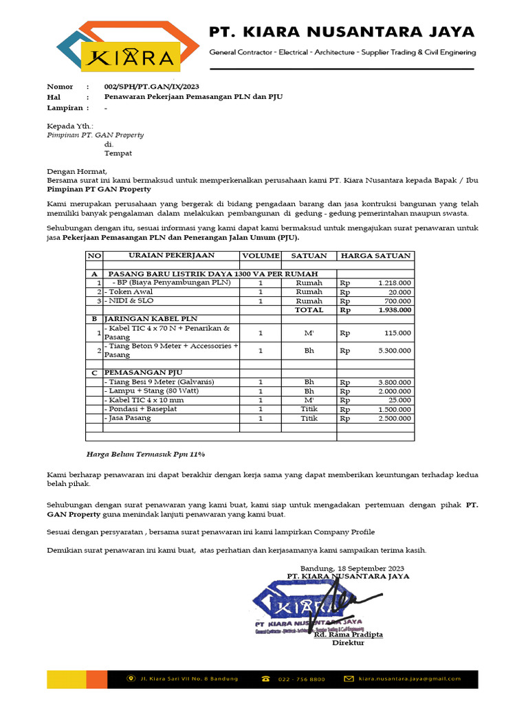 Penawaran Pek PLN PJU CV KNJ PT GAN Blok Beverly | PDF