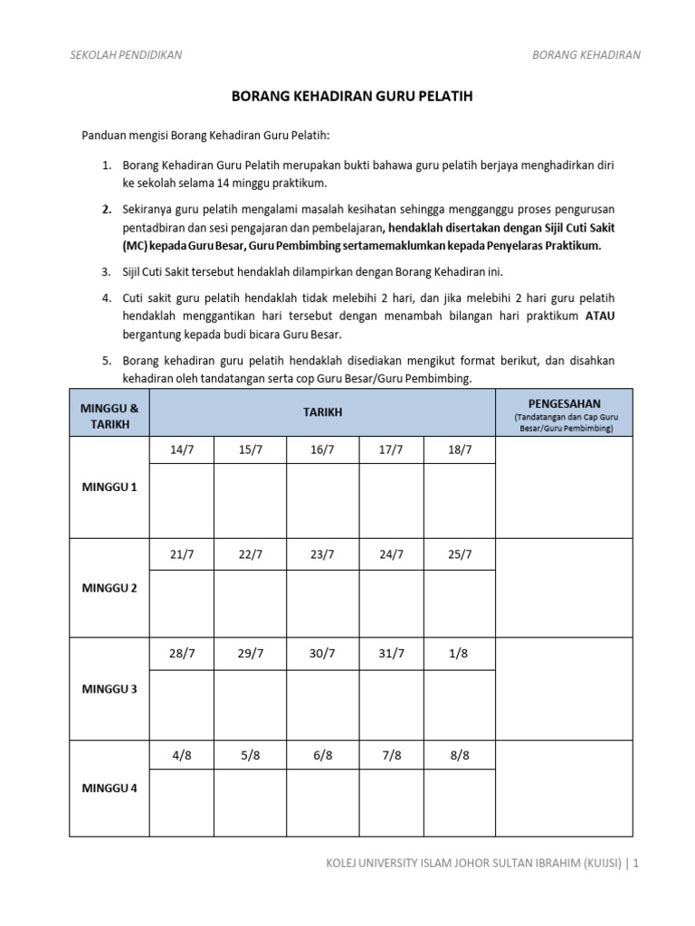 Borang Kehadiran Guru Pelatih | PDF