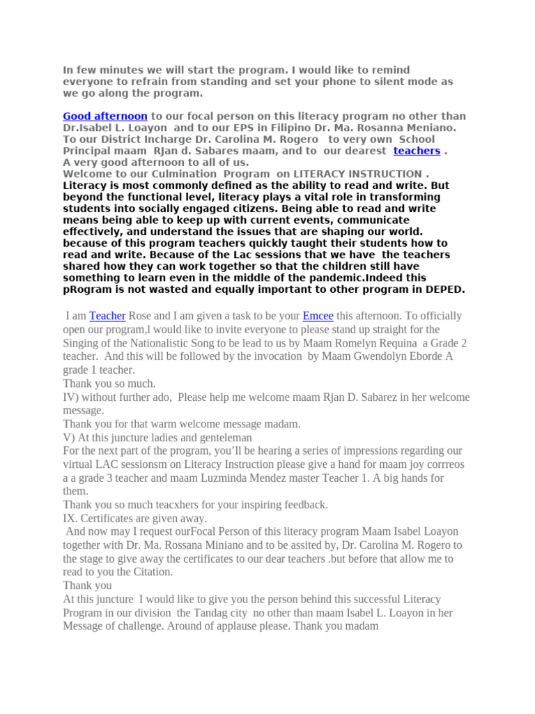 EMCEE Script For Culmination Program | PDF | Literacy | Human Communication