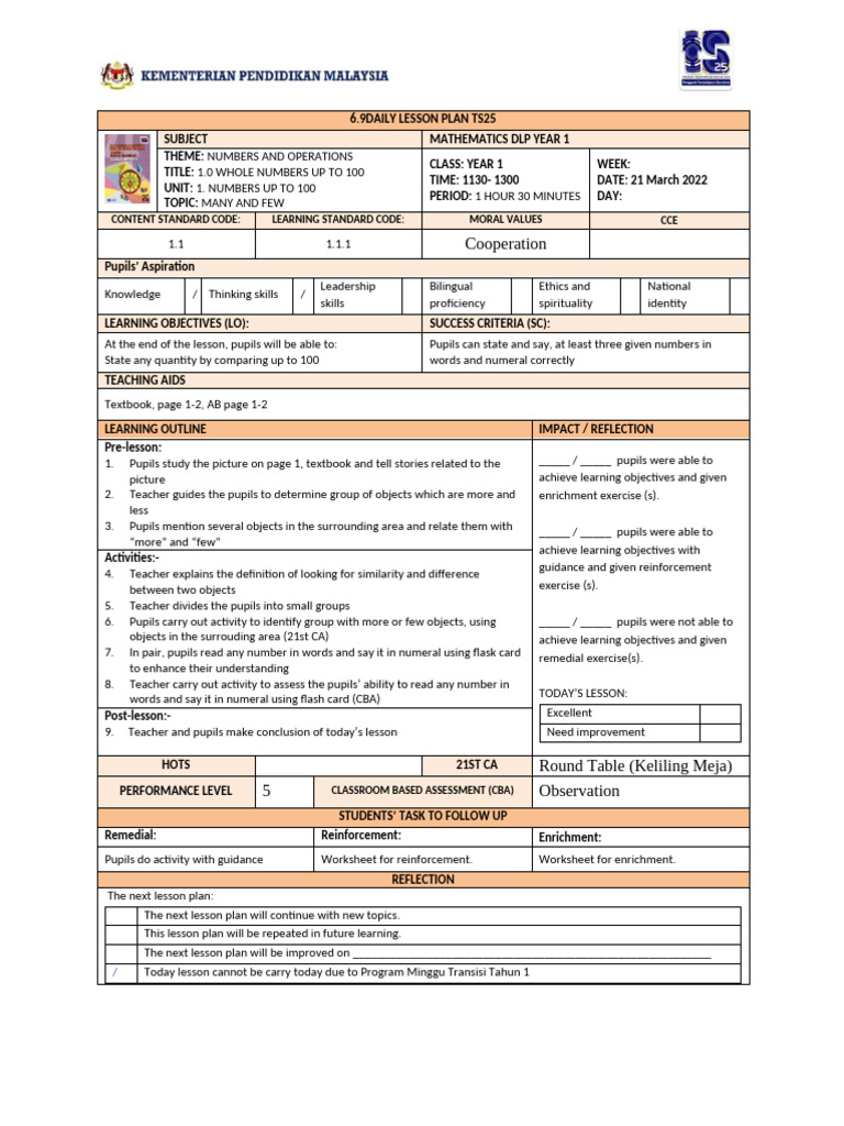 MT DLP Y1 TS25 (Topic 1) | PDF | Lesson Plan | Teachers