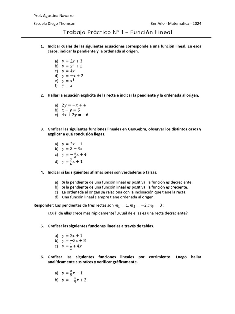 TP 1 Función Lineal | PDF | Pendiente | Línea (geometría)