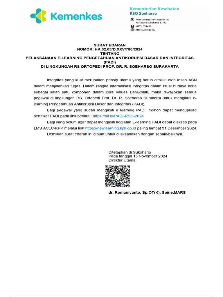 Surat Edaran Pelaksanaan E-Learning Pengetahuan Antikorupsi Dasar Dan Integritas (Padi) | PDF