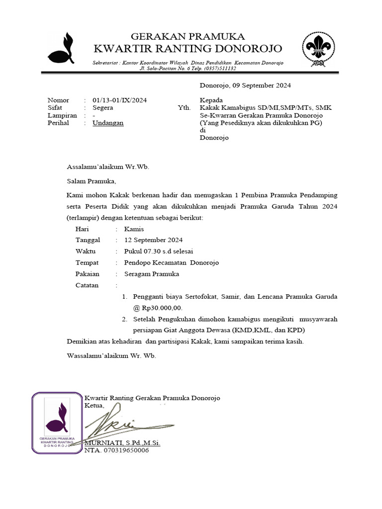 Undangan Pengukuhan Pramuka Garuda 2024 | PDF