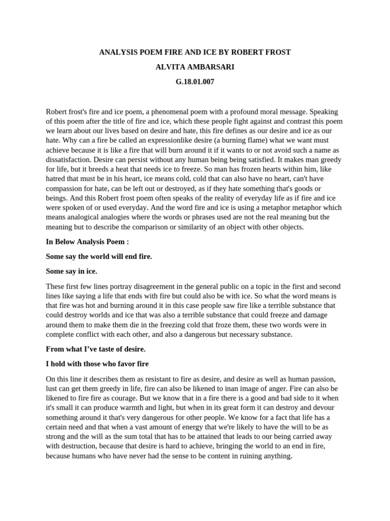 Analysis Poem Fire and Ice by Robert Frost by Alvita | PDF | Hatred