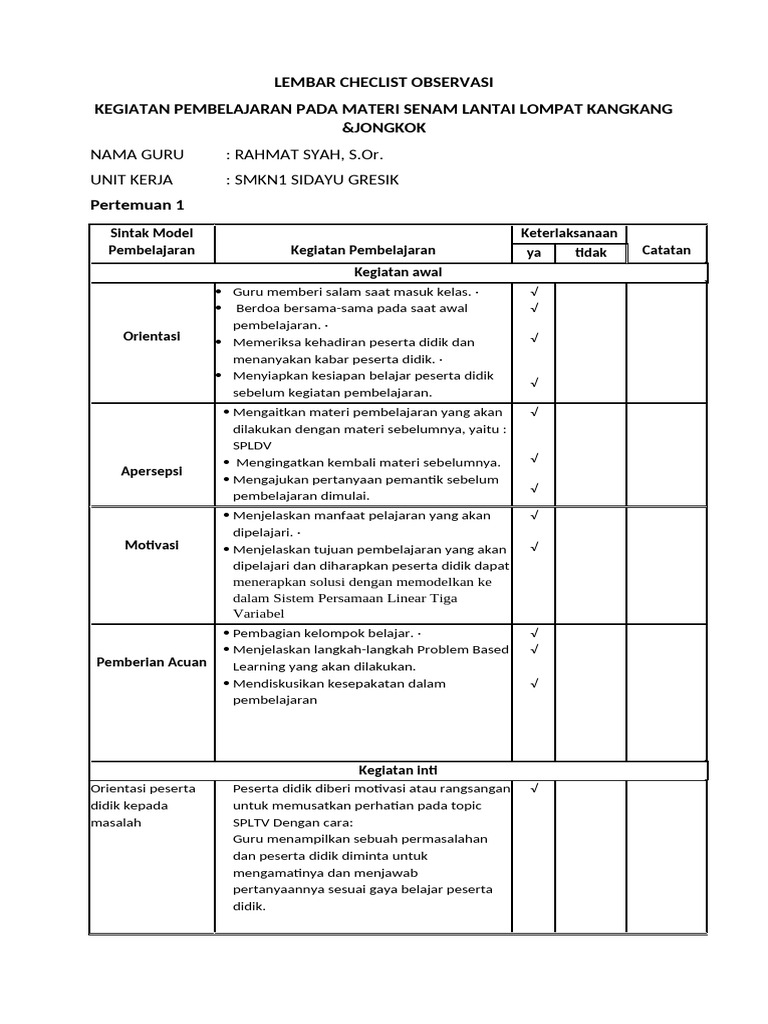 Lembar Checlist Observasi Siklus 2 PMM | PDF