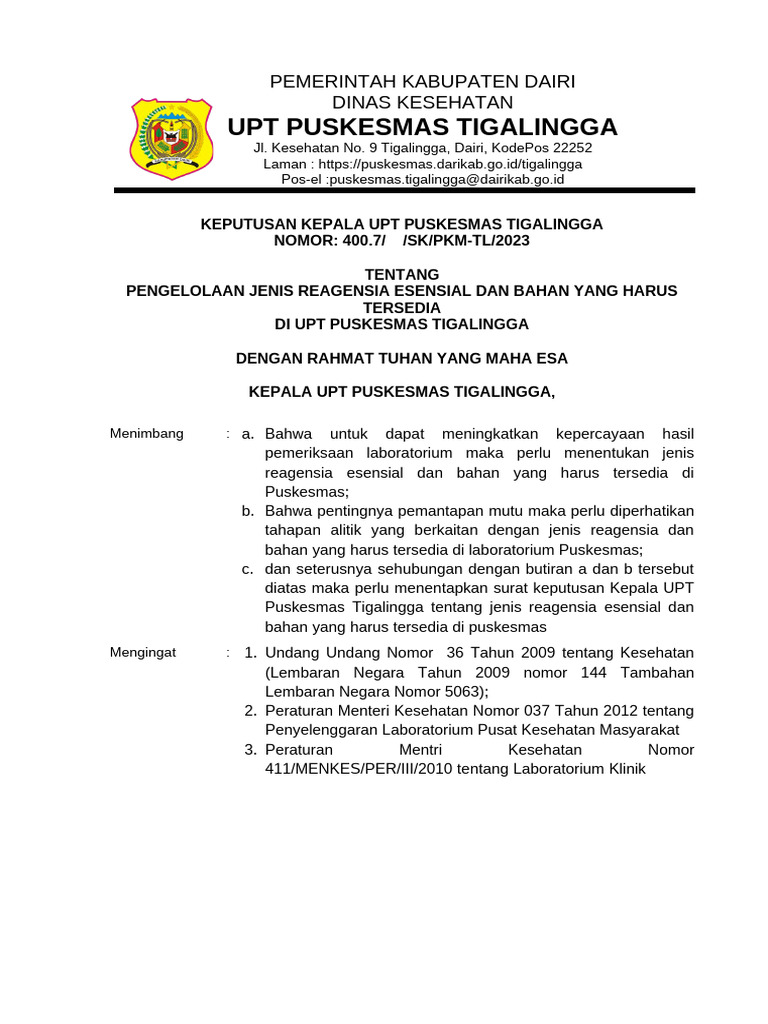3.9.1.b (2) SK TENTANG PENGELOLAAN JENIS REAGENSIA ESENSIAL DAN BAHAN ...