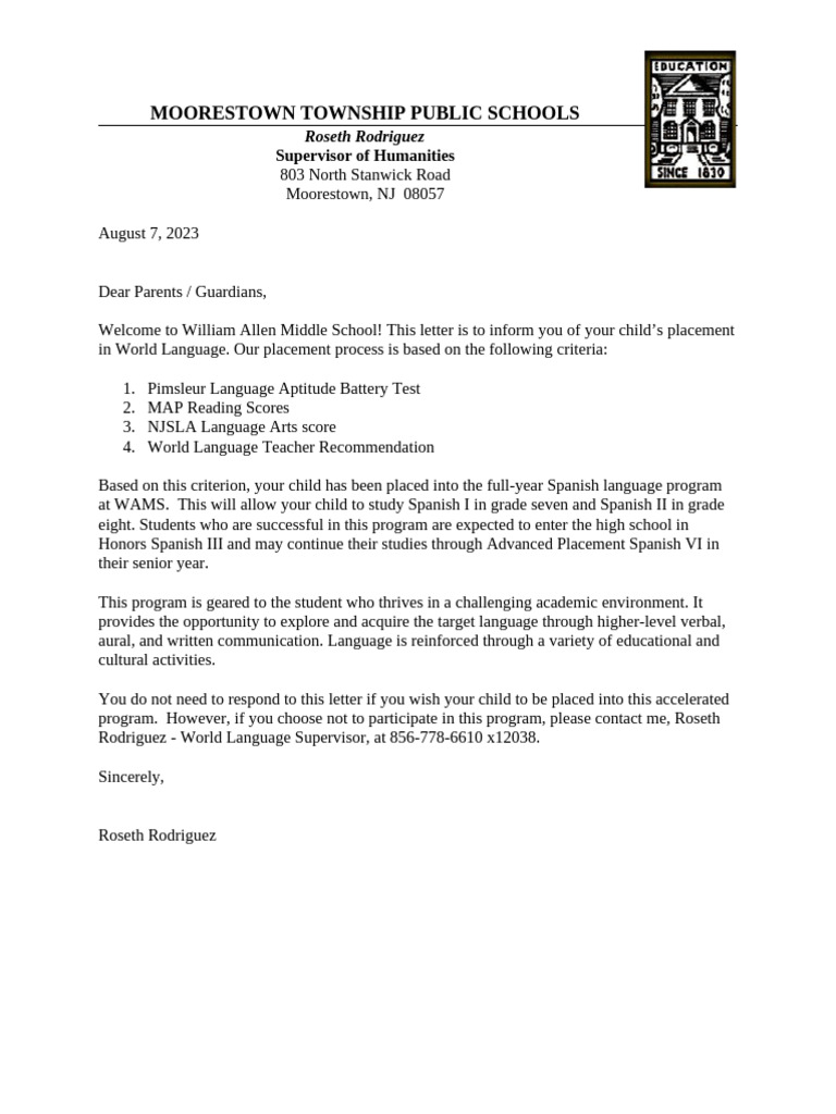 Spanish Program Placement Notice | PDF