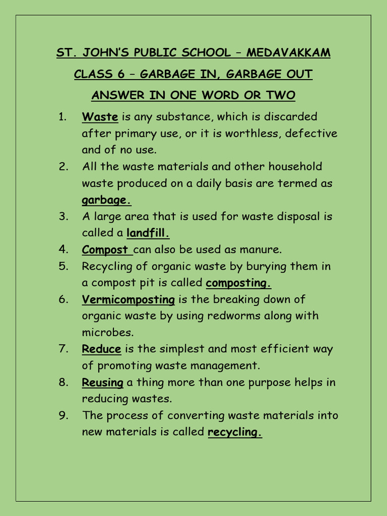 GARBAGE IN, GARBAGE OUT - Notes - Grade 6 | PDF | Waste | Compost