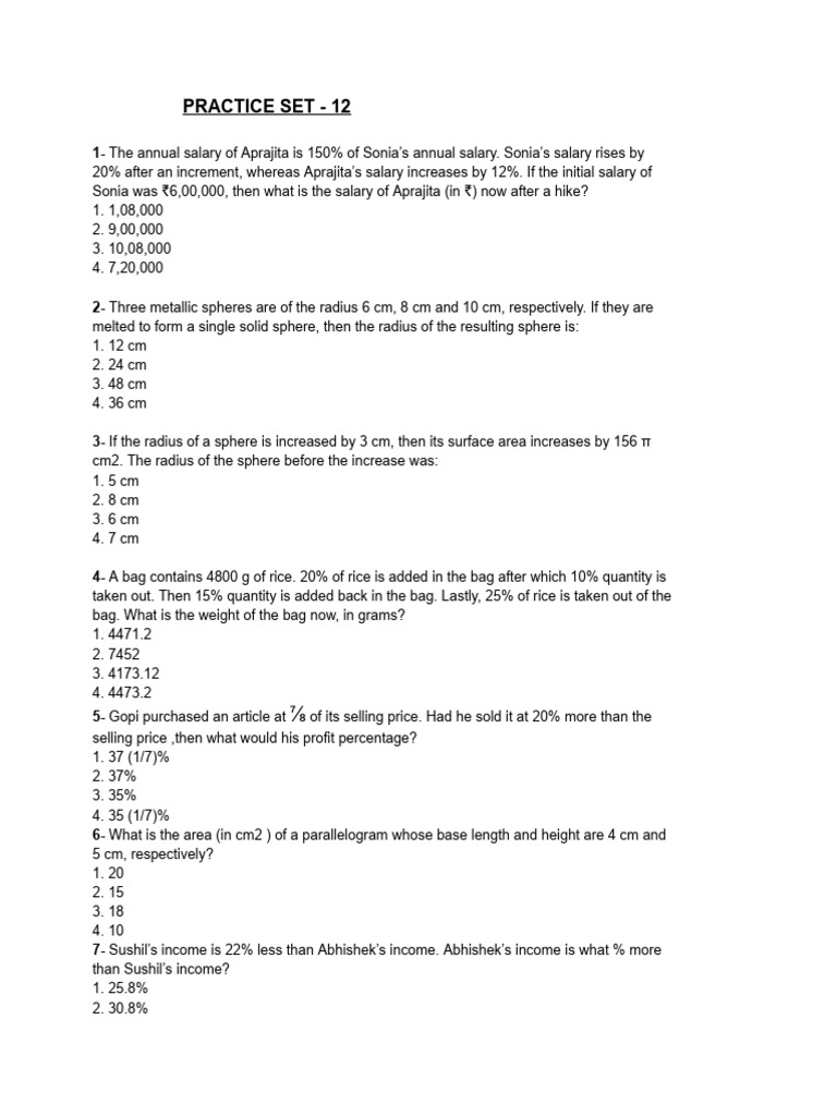 PRACTICE SET-12 | PDF | Area | Sphere