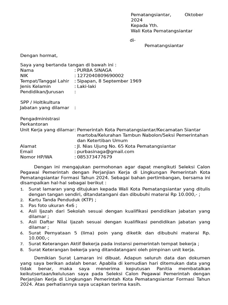 Surat Lamaran PPPK 2024 P. SINAGA | PDF