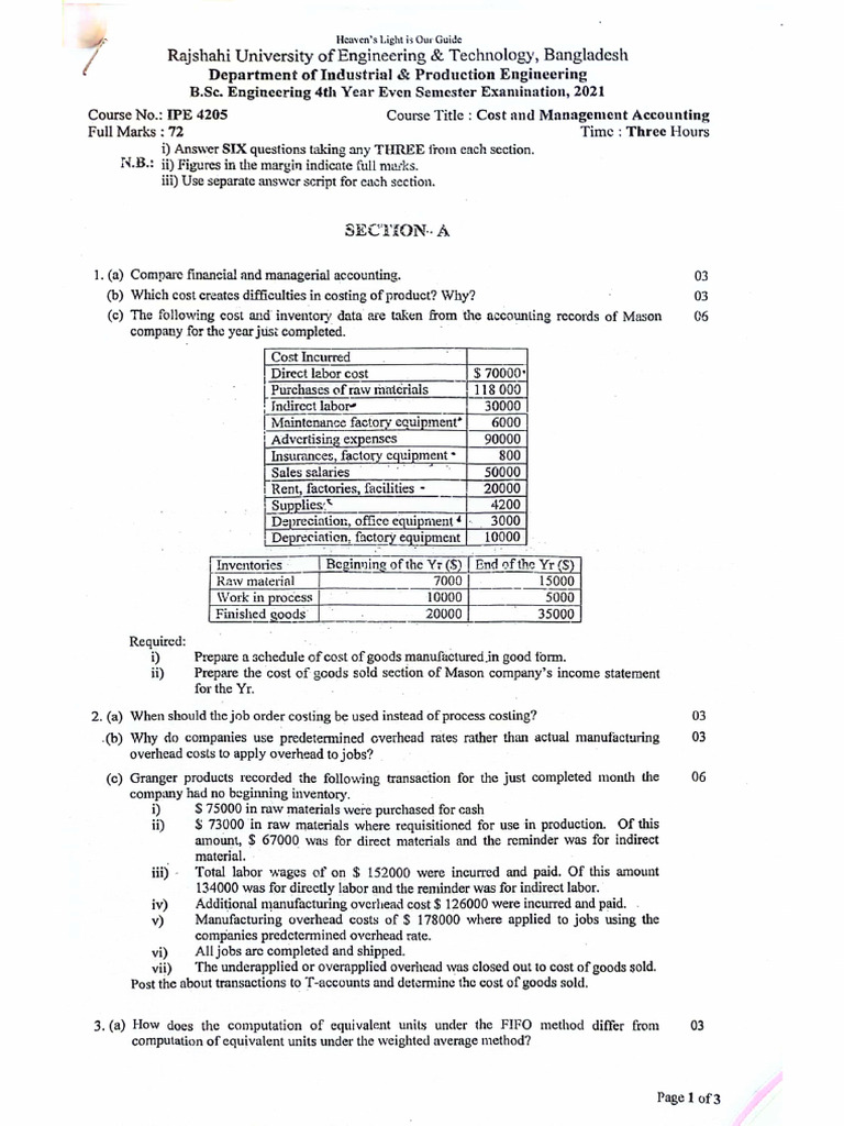 Cost and Management Accounting Semester Questions Ruet | PDF
