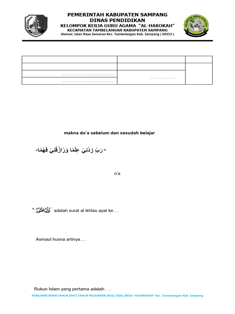 1 - Soal Pat Pai Kelas 1 (2023-2024) | PDF