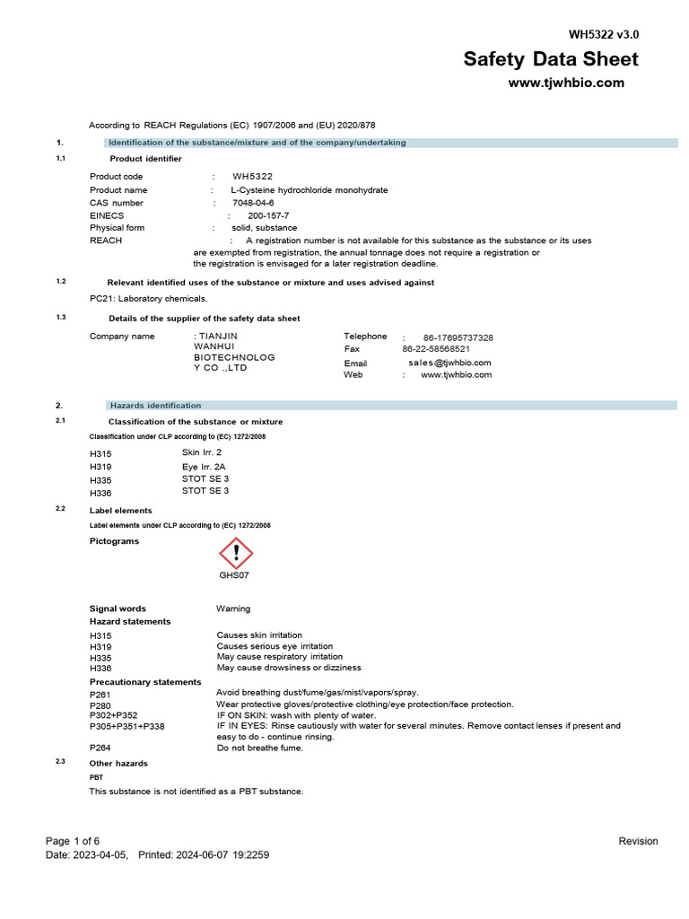 MSDS (L-Cysteine Hydrochloride Monohydrate) | PDF | Dangerous Goods | Workplace