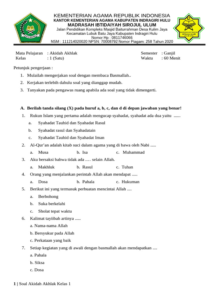 Akidah Akhlak Kelas 1 | PDF