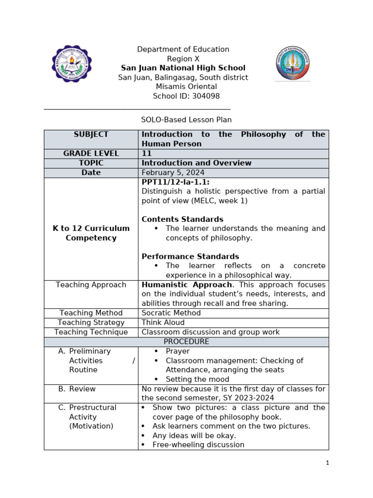 Solo Based Lesson Plan PHILO | PDF | Lesson Plan | Teaching Method