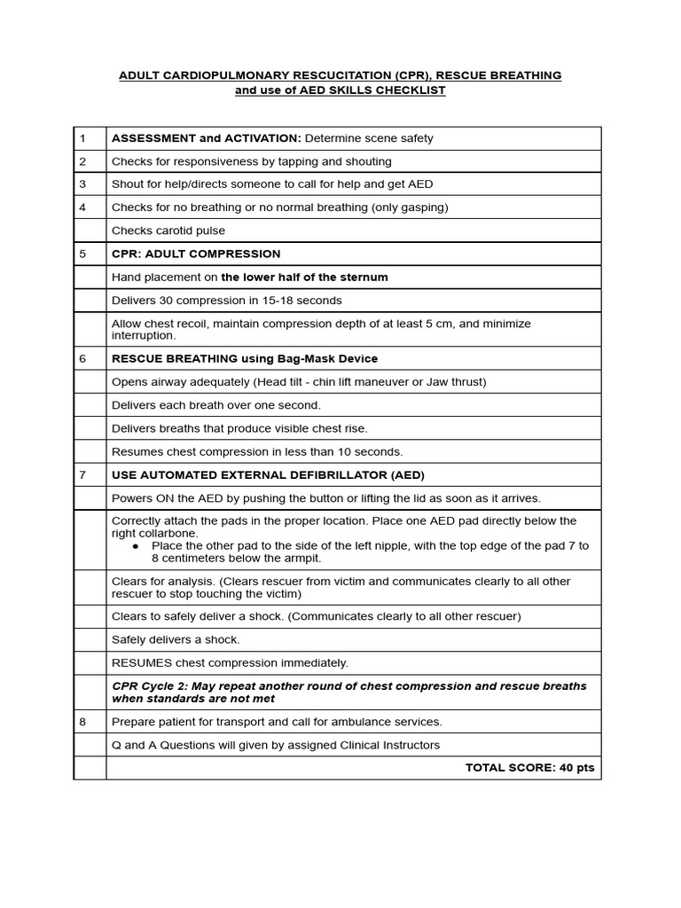 CPR Rescue Breathing Aed Use Checklist | PDF