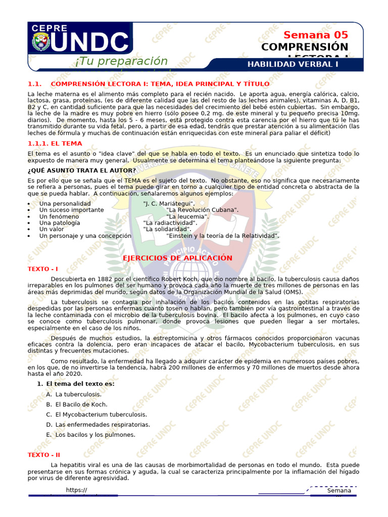 MÓDULO DE HABILIDAD VERBAL - SEMANA 5 COMPRENSIÓN LECTORA Aula 4 | PDF ...
