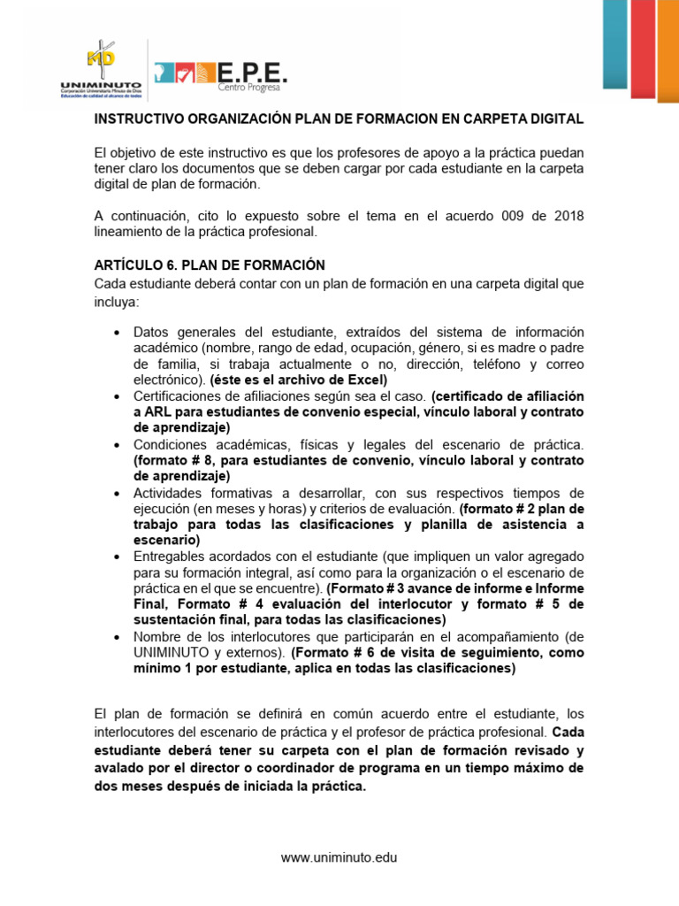 Instructivo Carpeta Plan de Formacion | PDF
