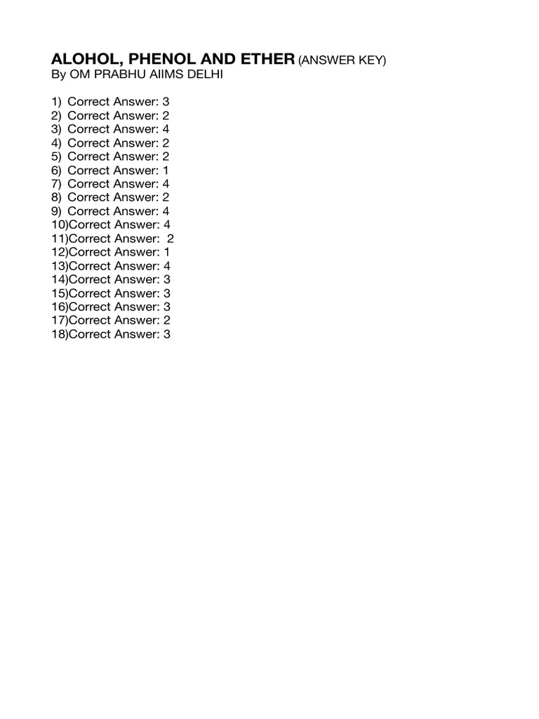 Alcohol, Phenol, and Ether Answer Key | PDF