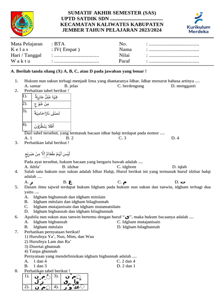 Soal Bta KLS 4 SMT 1 Ok | PDF