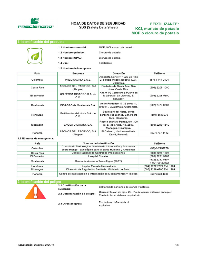 Identificación Del Producto: Hoja de Datos de Seguridad SDS (Safety Data Sheet) | PDF | Agua ...