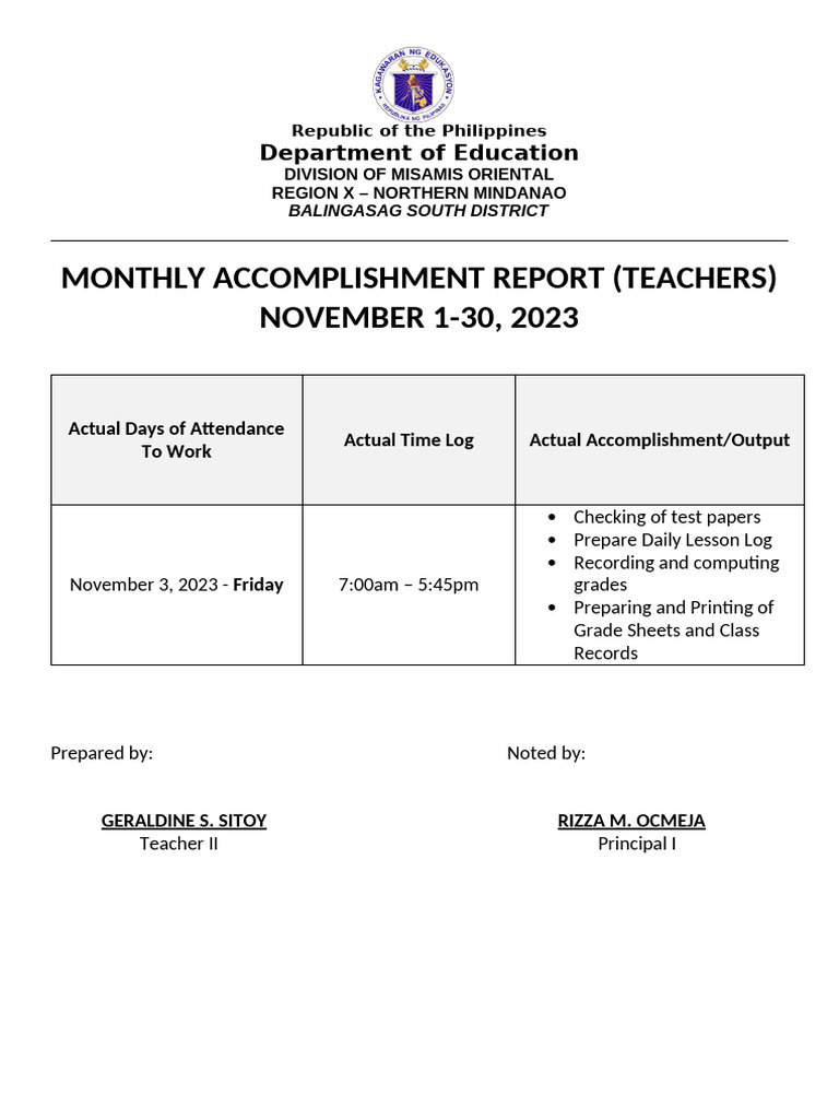 Monthly Accomplishment Report | PDF