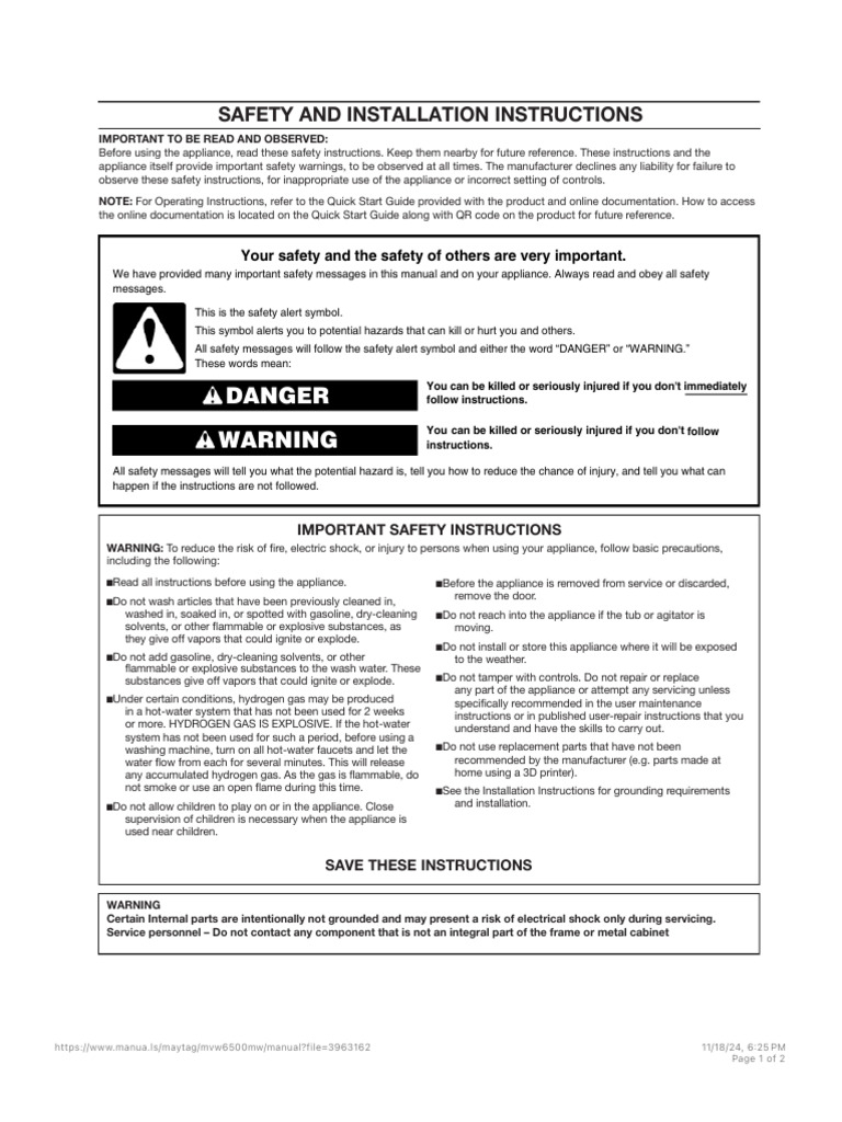 Maytag Pet Pro Washer Safety Guide | PDF | Water | Safety