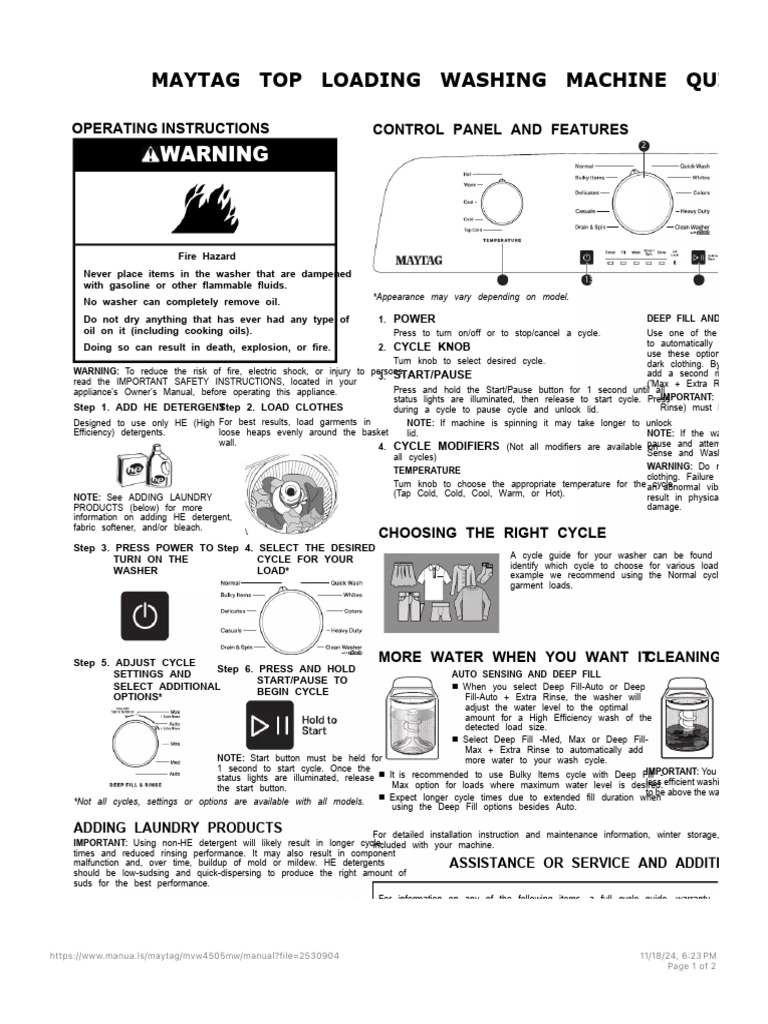Maytag MVW4505MW Quick Start Guide | PDF | Washing Machine ...