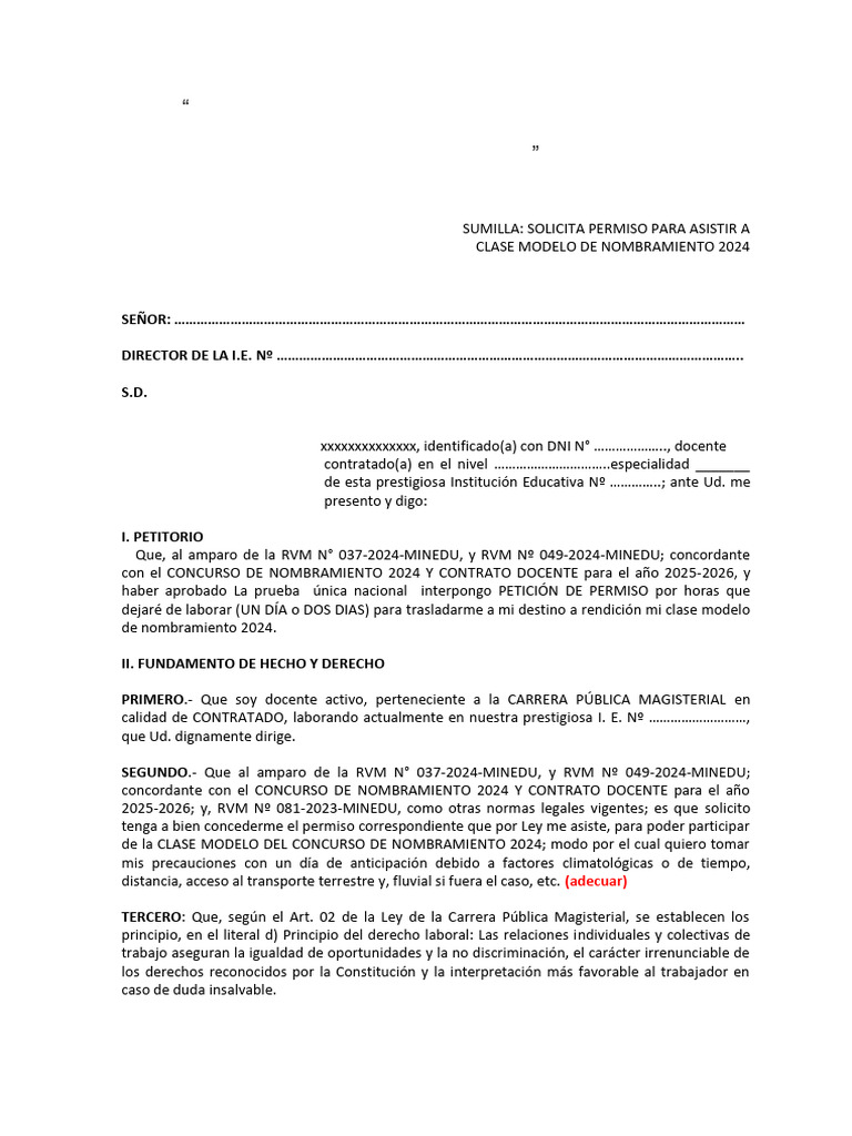 Solicito Permiso para Clase Modelo | PDF | Justicia | Crimen y violencia