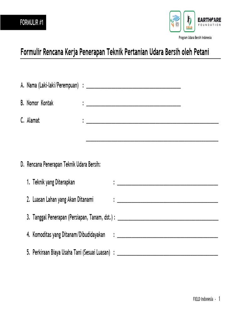 FORM 01 - Formulir Rencana Kerja Penerapan Teknik Pertanian Udara ...