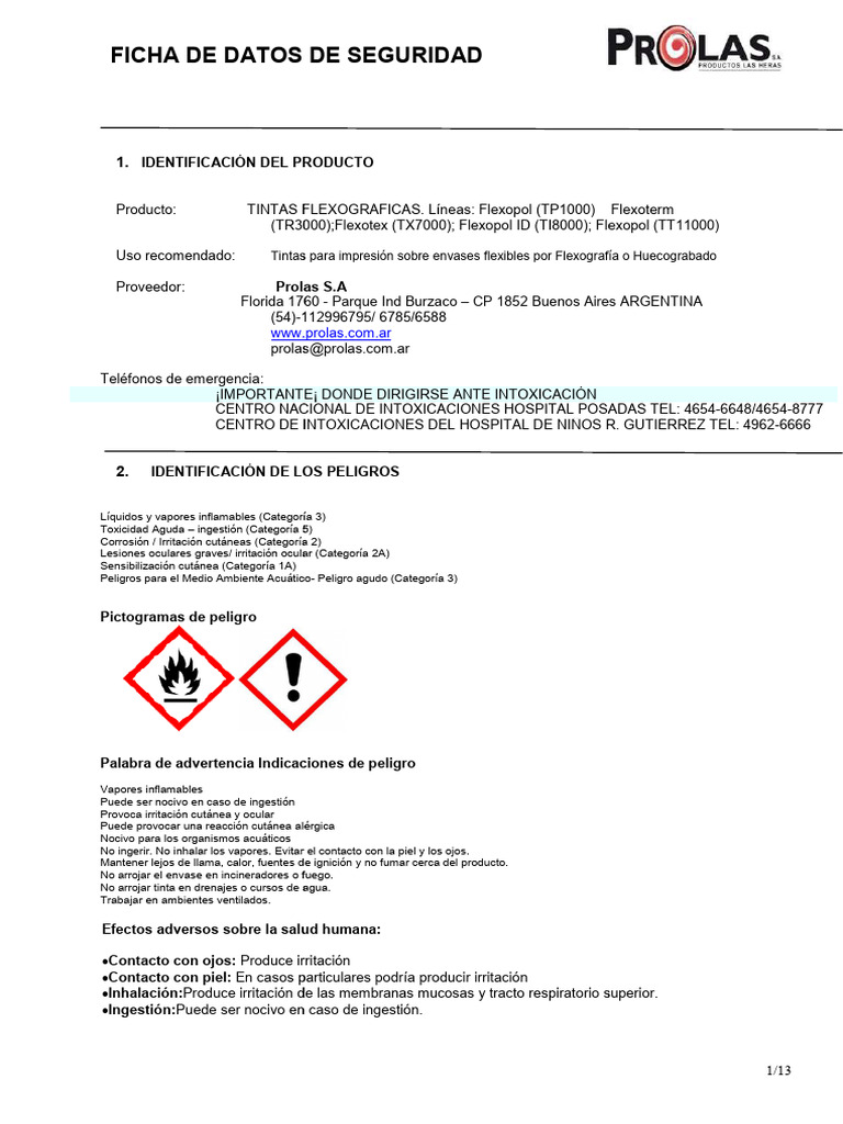Ficha de Seguridad: Tintas Flexográficas | PDF | Combustión | Agua