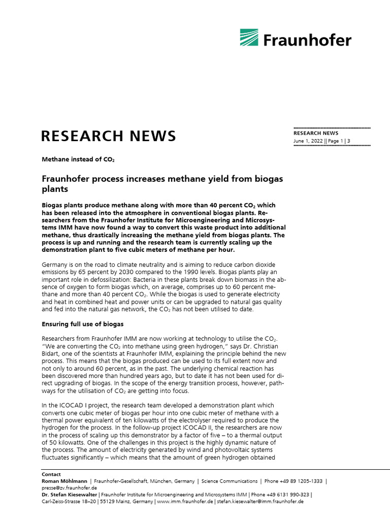 Imm Fraunhofer Process Increases Methane Yield From Biogas Plants | PDF ...