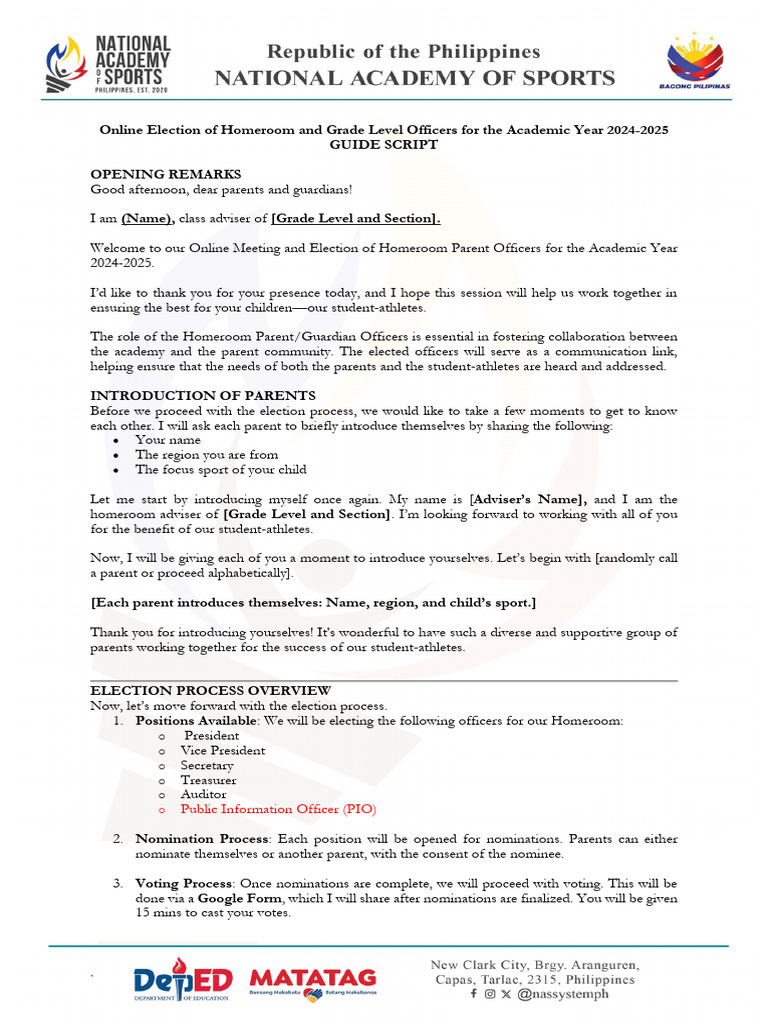 Guide Script Election of Homeroom Officers | PDF
