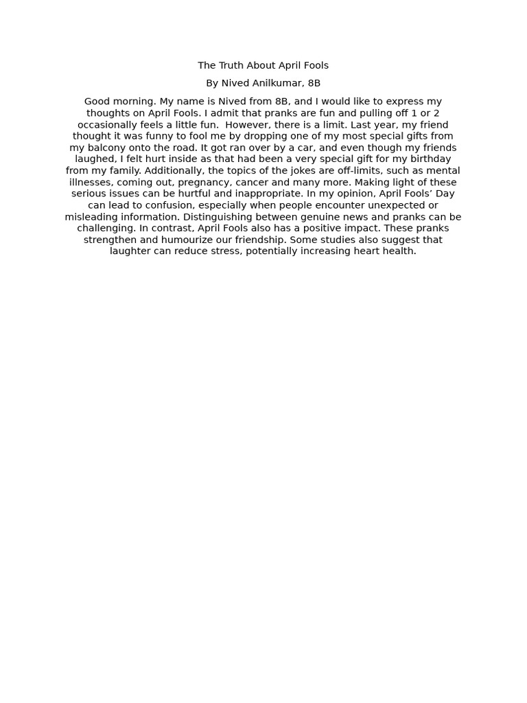 The Truth About April Fools - Nived 8B | PDF