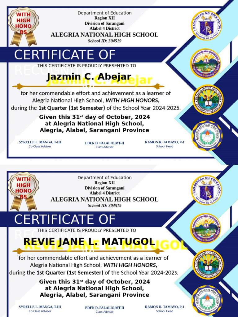 Certificate of Recognition for High Honors | PDF