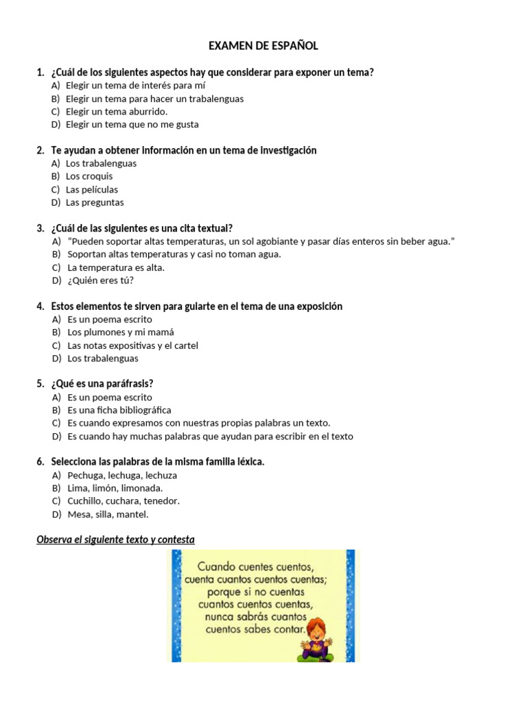 Examen de Español | PDF