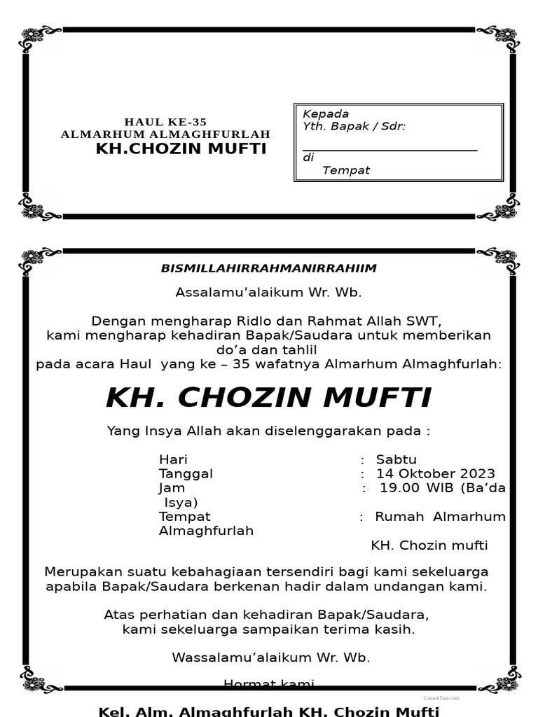 Undangan Haul Ke-35 KH. Chozin Mufti | PDF | Agama & Spiritualitas