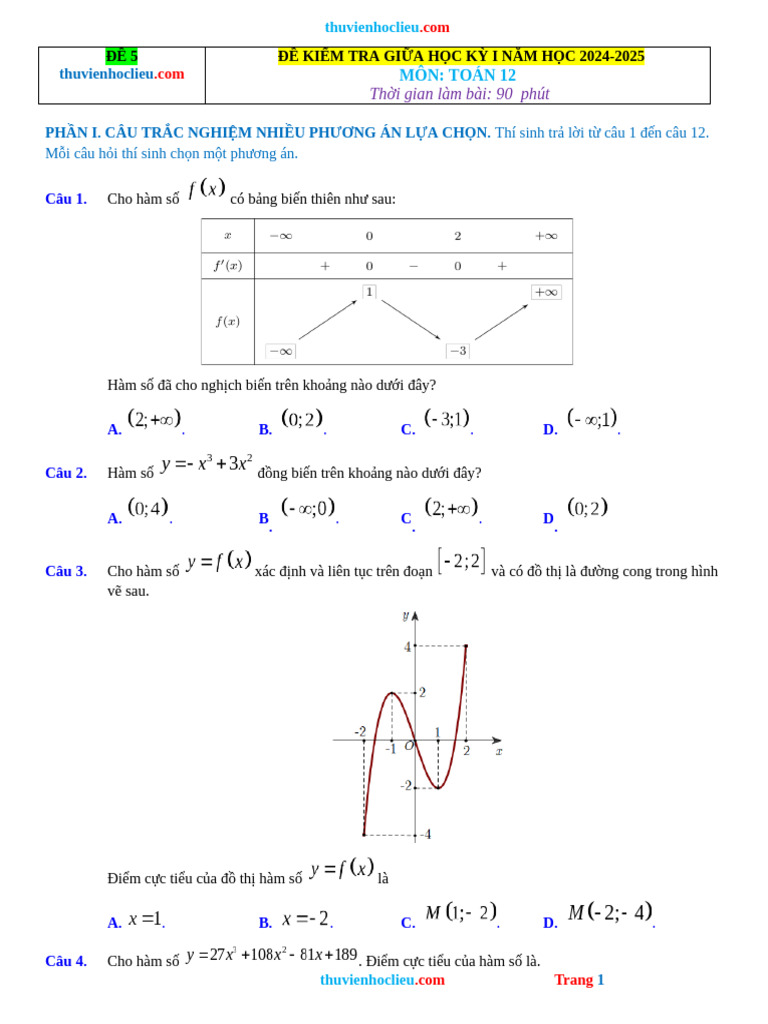 De Kiem Tra Giua HK1 Toan 12 CTST de 5 | PDF