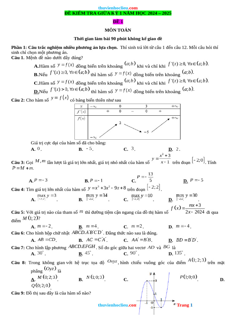 Bo de On Tap Giua HK1 Toan 12 KNTT 24 25 | PDF