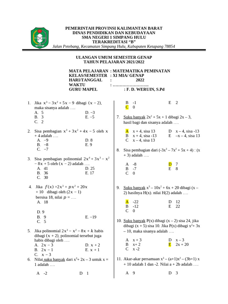 Soal MTK Peminatan Xi Genap 2022 | PDF