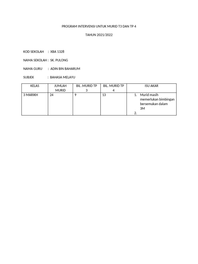 Program Intervensi Untuk Murid t3 Dan TP 4 | PDF