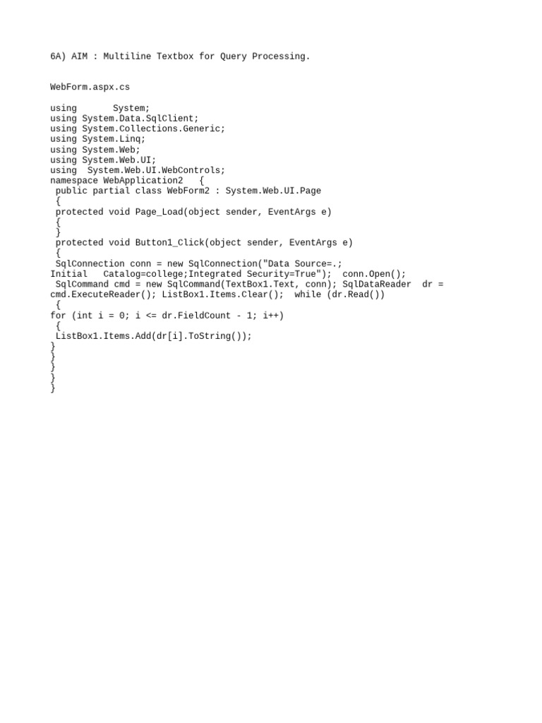 PRACTICAL NO 6A) Multiline Textbox For Query Processing. | PDF | Computers