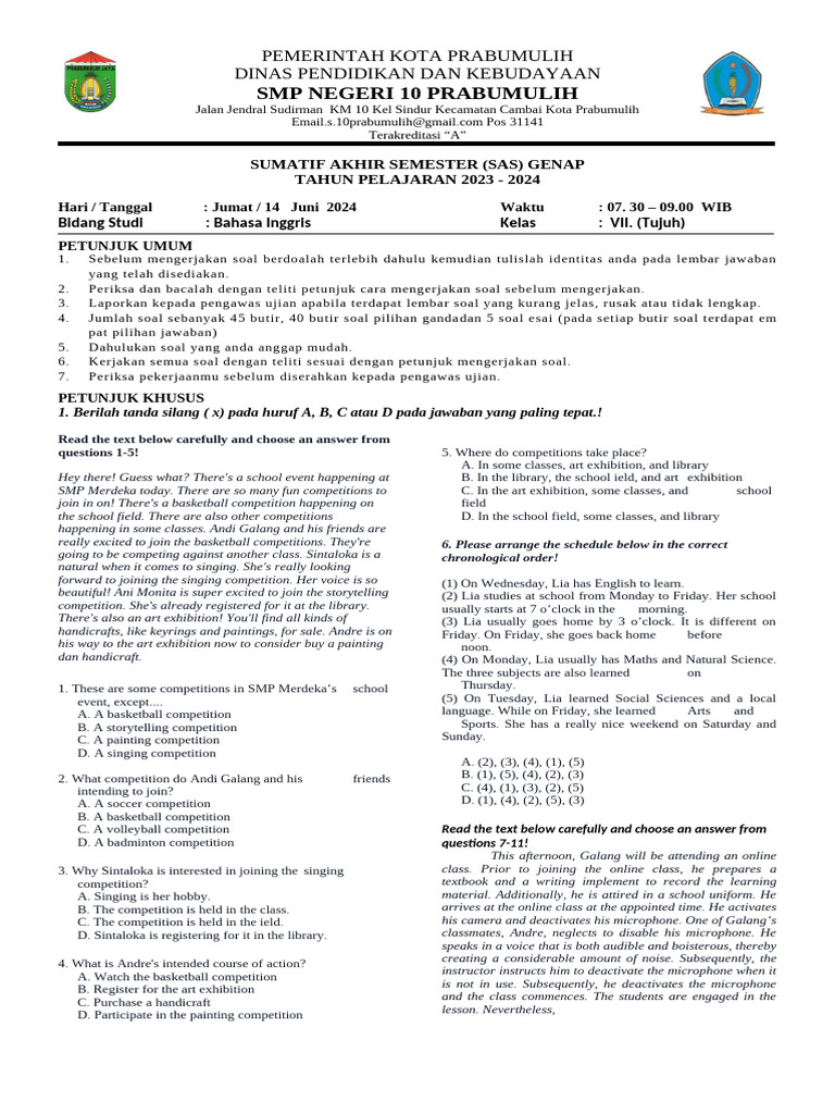 Soal Bing 7 SMT 2 2024 Print | PDF | Language Arts & Discipline