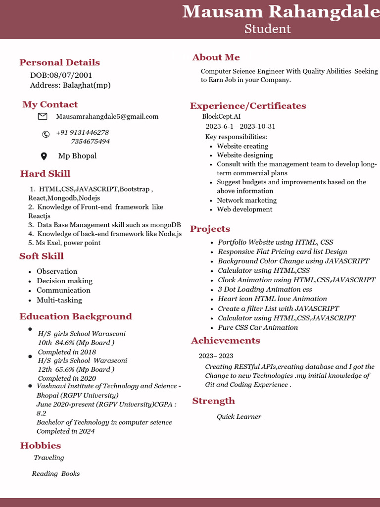 Pink Simple Profile Resume | PDF | Java Script | Computing